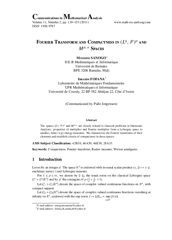 (PDF) Fourier Transform and Compactness in $(L^{q},\; l^{p})^{\ alpha} $ and $ M^{p,\;\ alpha ...