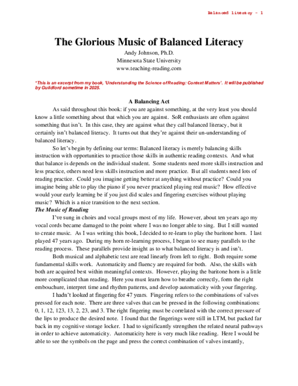 (PDF) The Glory of Music and Balanced Literacy Instruction