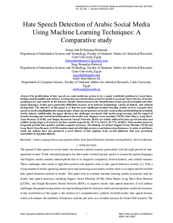 (PDF) Hate Speech Detection of Arabic Social Media Using Machine ...