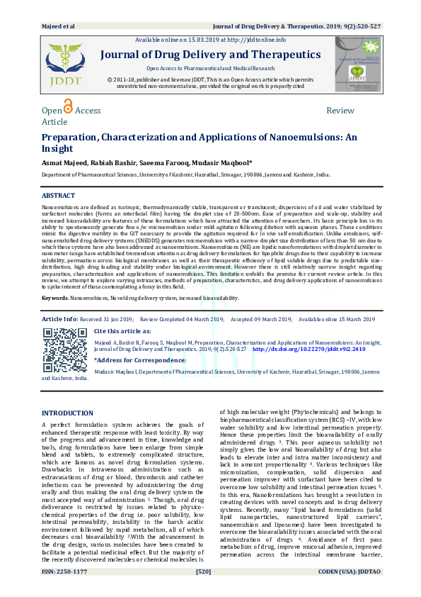 (PDF) Preparation, Characterization and Applications of Nanoemulsions: An Insight