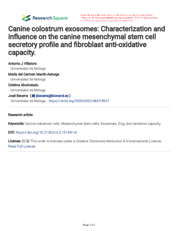 (PDF) Canine colostrum exosomes: Characterization and influence on the ...