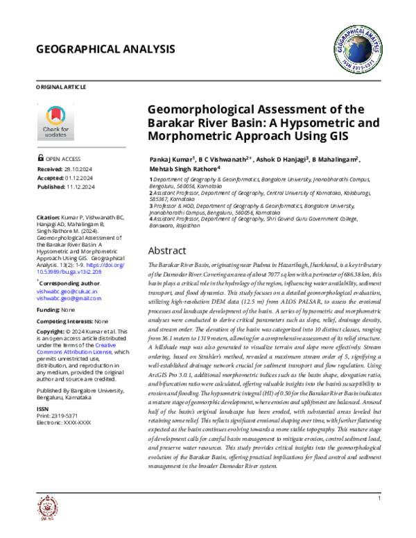 (PDF) Geomorphological Assessment of the Barakar River Basin: A Hypsometric and Morphometric ...