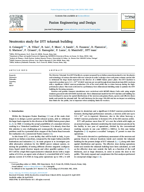 (PDF) Neutronics study for DTT tokamak building