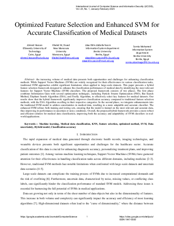 Pdf Optimized Feature Selection And Enhanced Svm For Accurate Classification Of Medical Datasets
