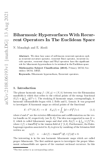 (PDF) Biharmonic Hypersurfaces With The Recurrent Operators In The ...
