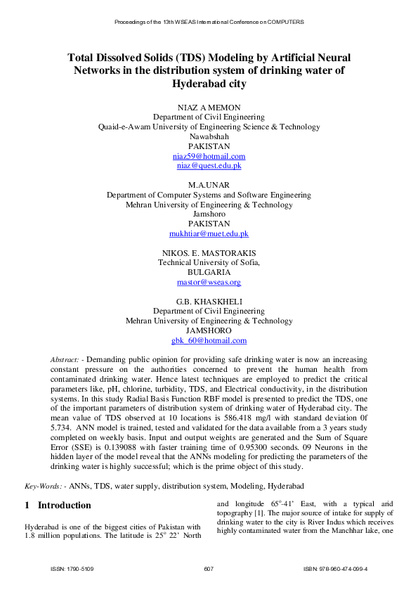 (PDF) Total dissolved solids (TDS) modeling by artificial neural networks in the distribution ...