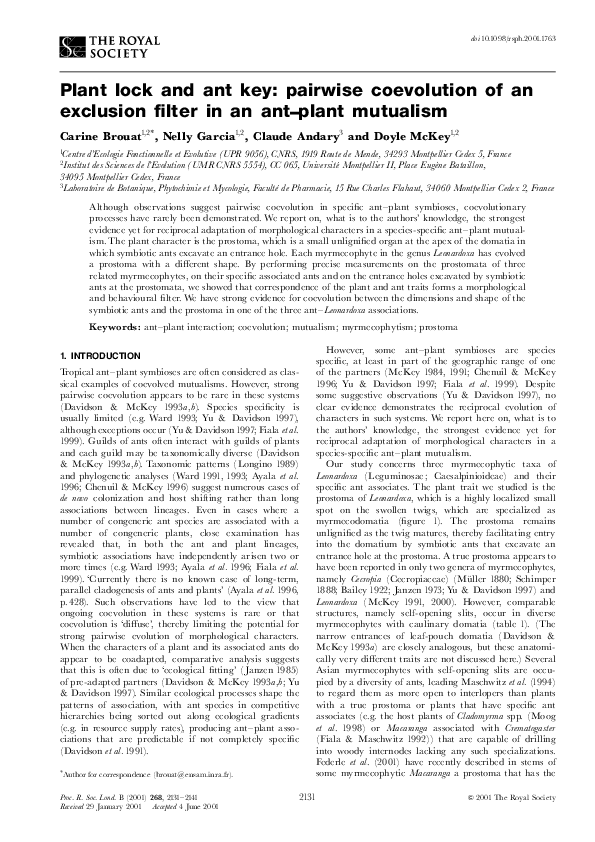 (PDF) Plant lock and ant key: pairwise coevolution of an exclusion ...