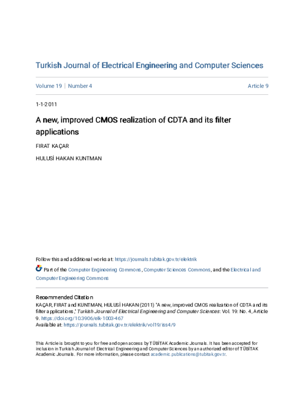 (PDF) A new, improved CMOS realization of CDTA and its filter applications
