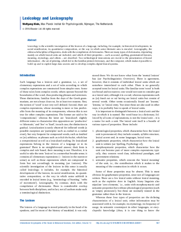 (PDF) Lexicology and Lexicography