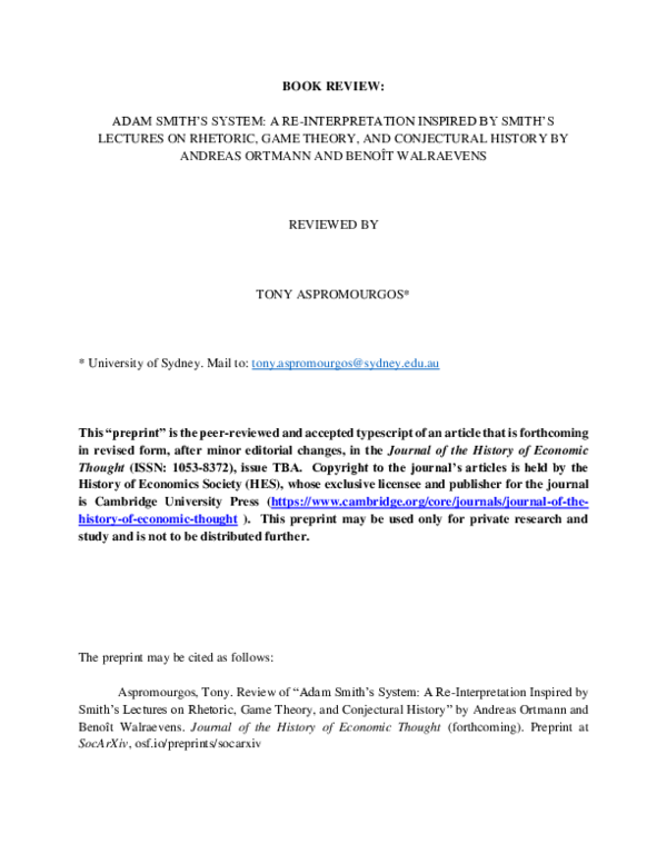 (PDF) Review of “Adam Smith’s System: A Re-Interpretation Inspired by ...
