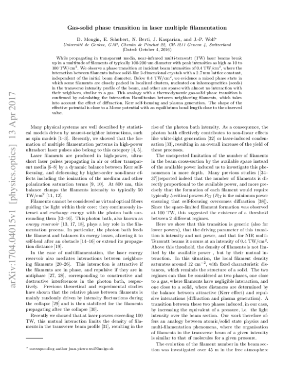 (PDF) Gas-Solid Phase Transition in Laser Multiple Filamentation