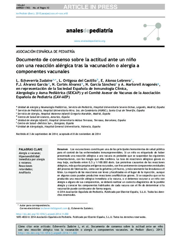 (PDF) Documento de consenso sobre la actitud ante un niño con una reacción alérgica tras la ...