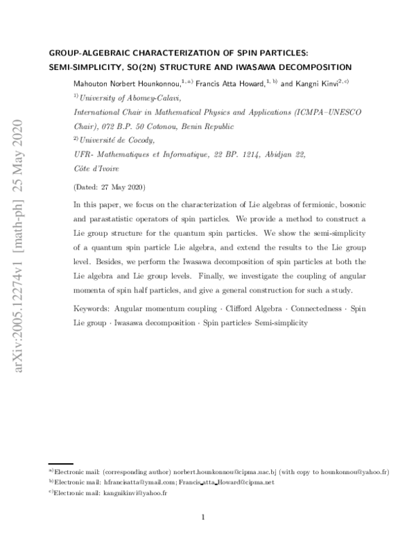 (PDF) Group-algebraic characterization of spin particles: semi-simplicty, SO(2N) structure and ...