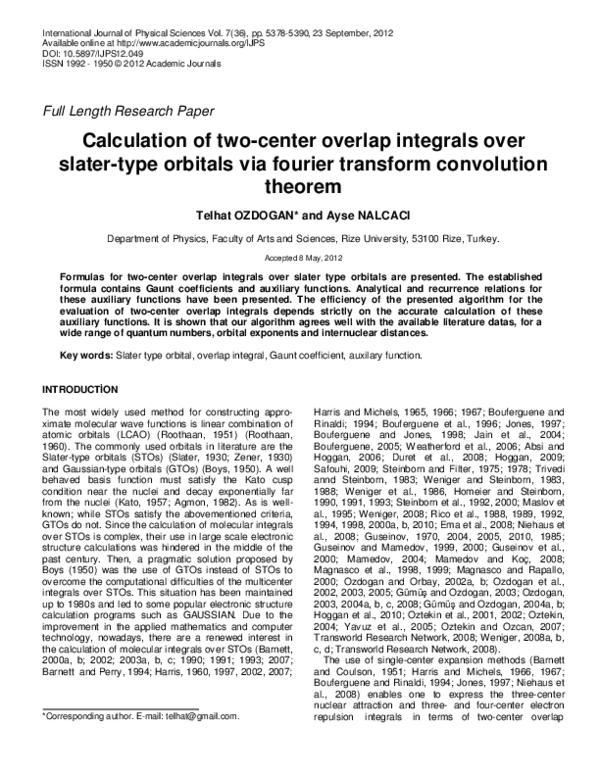 (PDF) Calculation of two-center overlap integrals over slater-type orbitals via fourier ...