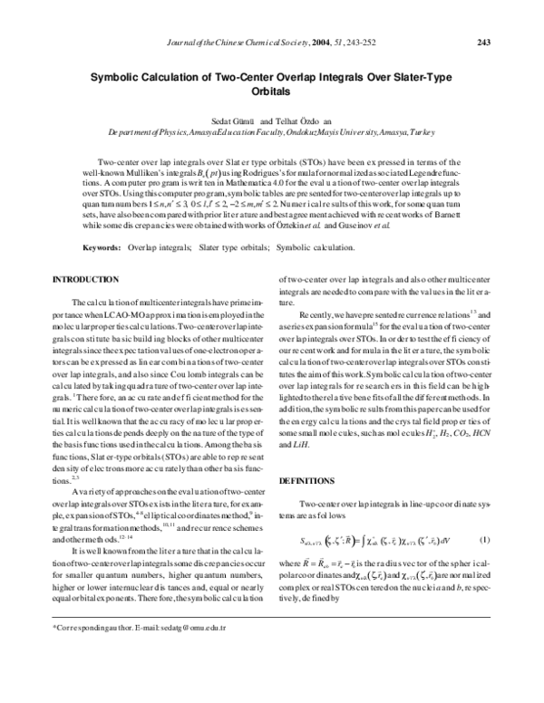(PDF) Symbolic Calculation of Two‐Center Overlap Integrals Over Slater ...