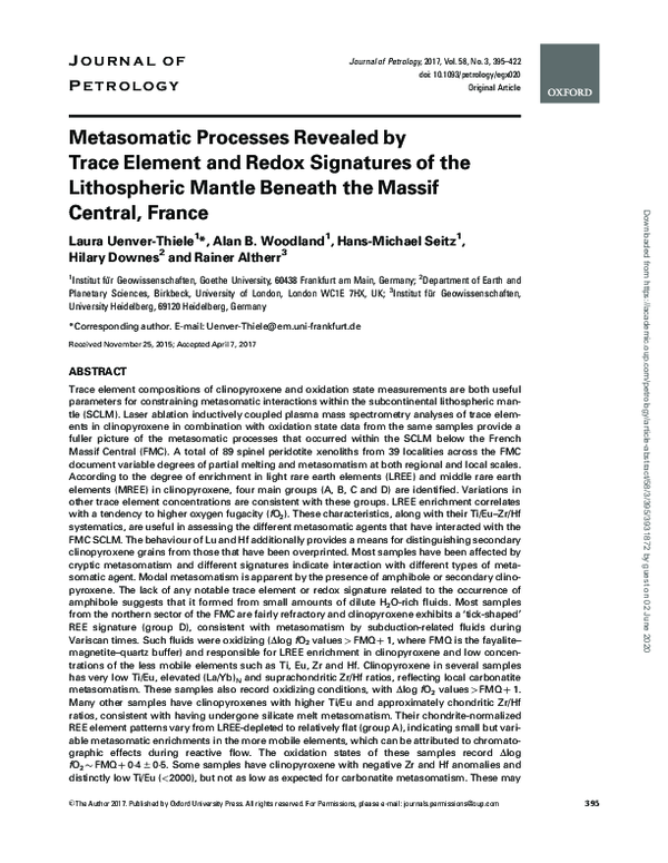 (PDF) Metasomatic Processes Revealed by Trace Element and Redox ...