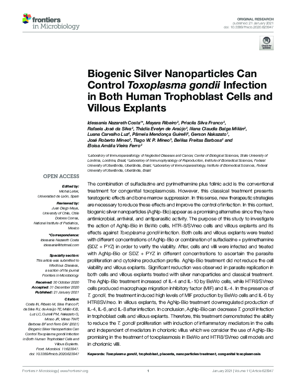 (PDF) Biogenic Silver Nanoparticles Can Control Toxoplasma gondii Infection in Both Human ...