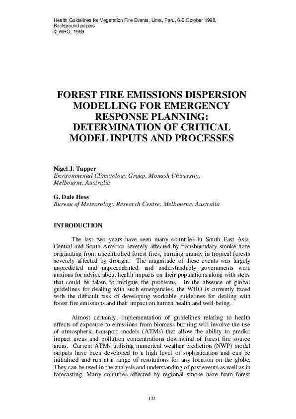 (PDF) Forest Fire Emissions Dispersion Modeling for Emergency Response Planning: Determination ...