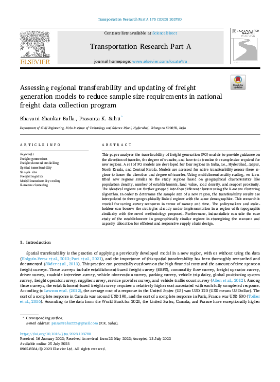 (PDF) Assessing regional transferability and updating of freight ...