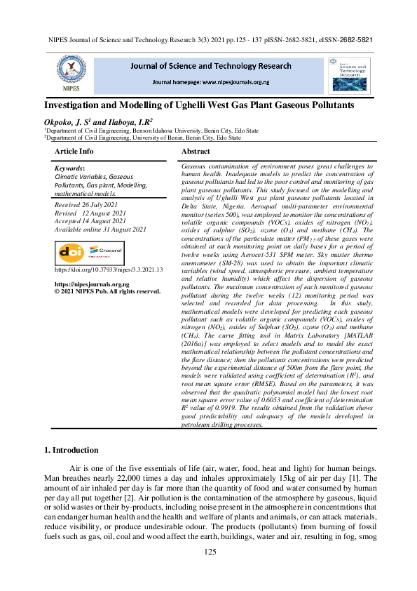 (PDF) Investigation and Modelling of Ughelli West Gas Plant Gaseous ...