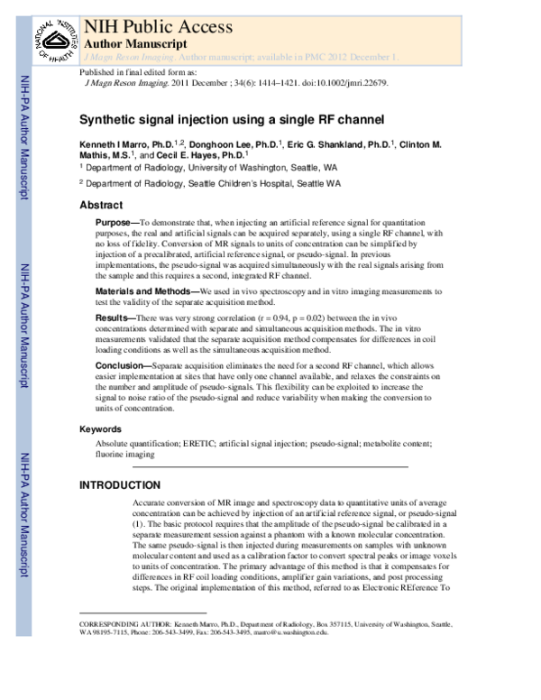 (PDF) Synthetic signal injection using a single radiofrequency channel