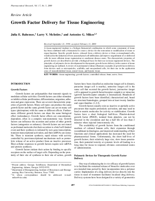 (PDF) Growth factor delivery for tissue engineering