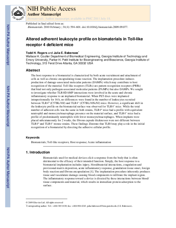(PDF) Altered adherent leukocyte profile on biomaterials in Toll-like ...