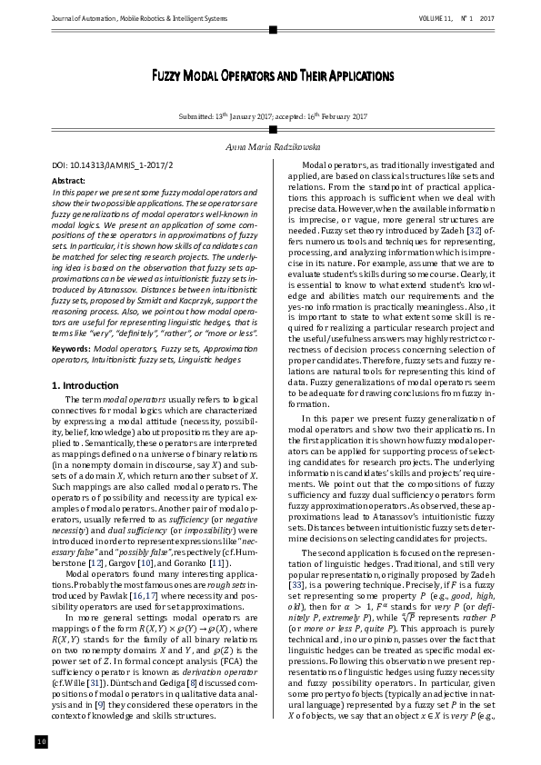 (PDF) Fuzzy Modal Operators and Their Applications