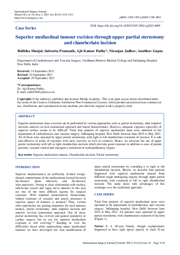 (PDF) Superior mediastinal tumour excision through upper partial ...