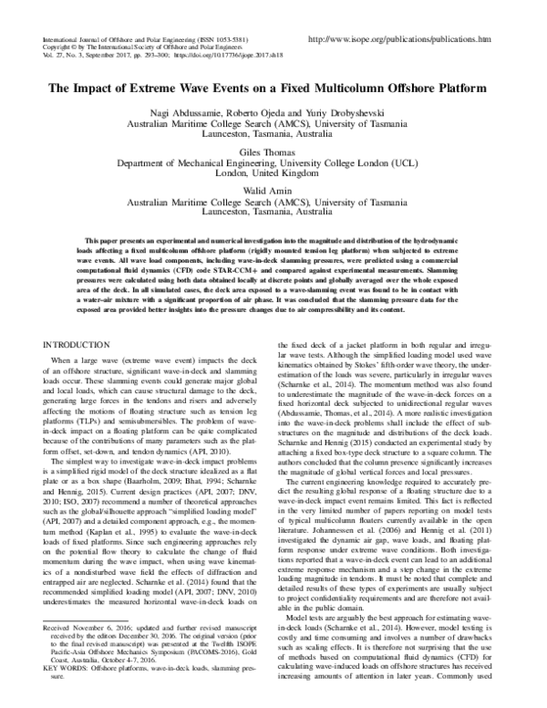 (PDF) The Impact of Extreme Wave Events on a Fixed Multicolumn Offshore ...