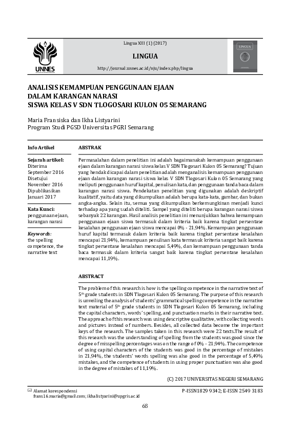 (PDF) Analisis Kemampuan Penggunaan Ejaan Dalam Karangan Narasi Siswa Kelas V SDN Tlogosari ...