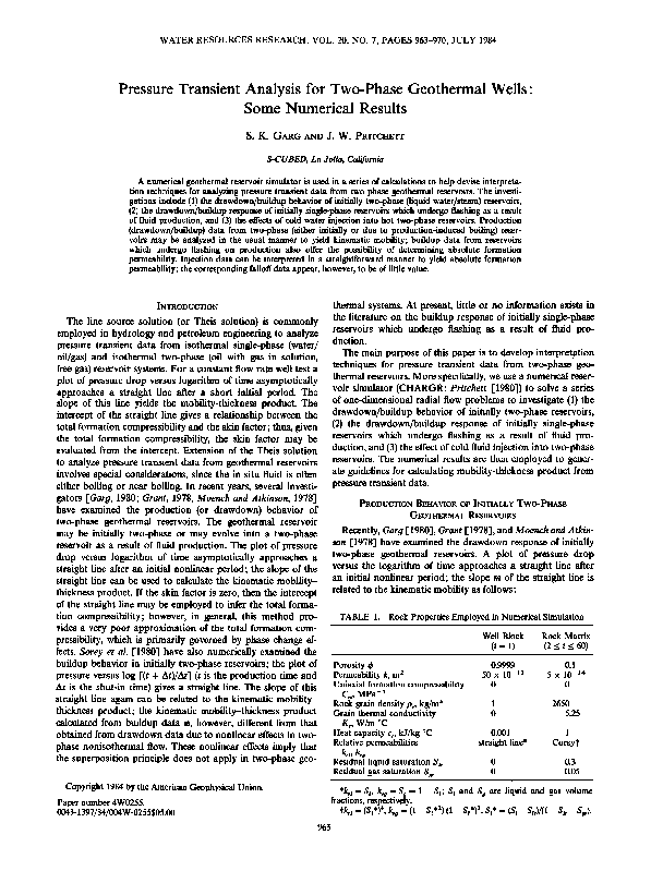 (PDF) Pressure Transient Analysis for Two‐Phase Geothermal Wells: Some Numerical Results