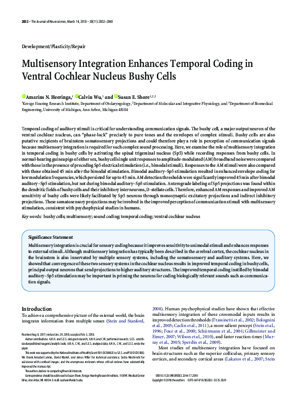 (PDF) Multisensory Integration Enhances Temporal Coding in Ventral Cochlear Nucleus Bushy Cells