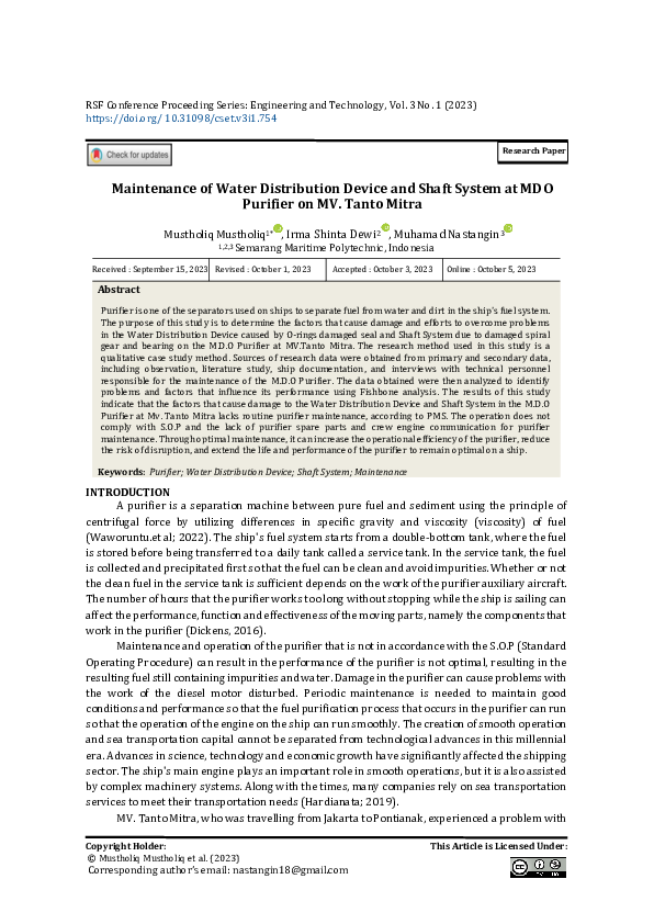 (PDF) Maintenance of Water Distribution Device and Shaft System at MDO ...