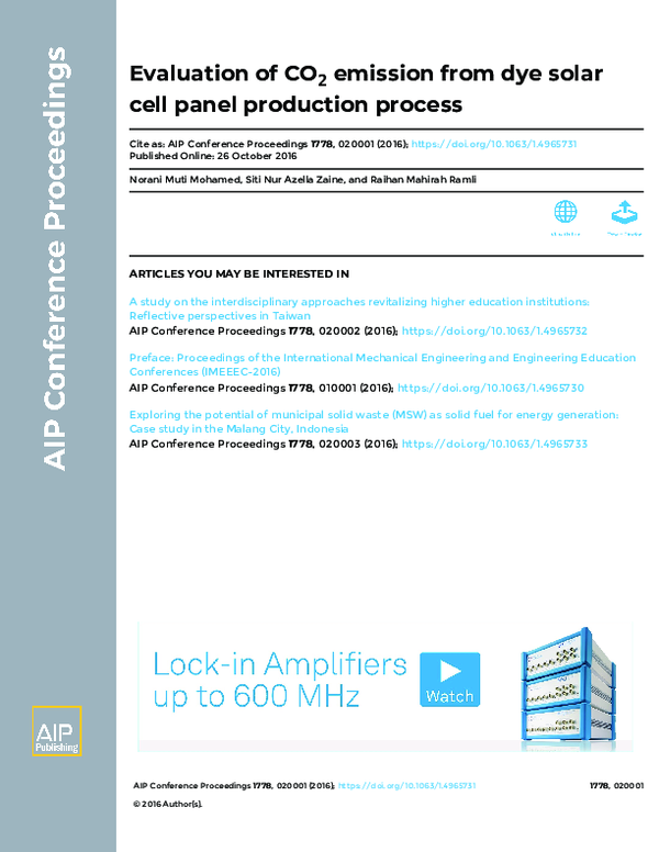 (PDF) Evaluation of CO2 emission from dye solar cell panel production ...