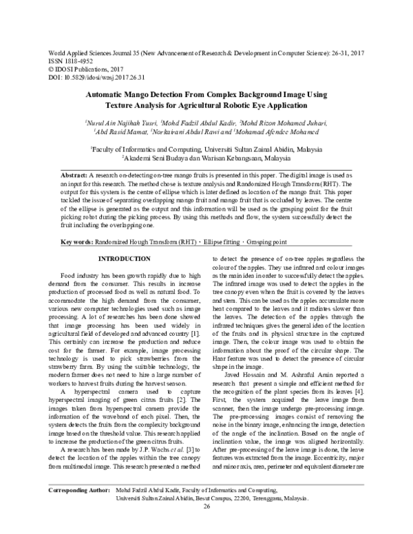 Pdf Automatic Mango Detection From Complex Background Image Using Texture Analysis For