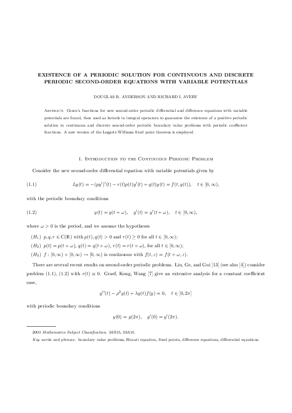 (PDF) Existence of a periodic solution for continuous and discrete ...