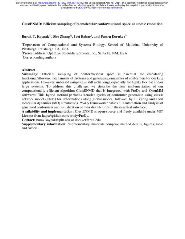(PDF) ClustENMD: Efficient sampling of biomolecular conformational ...