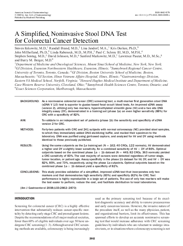 (PDF) A simplified, noninvasive stool DNA test for colorectal cancer ...