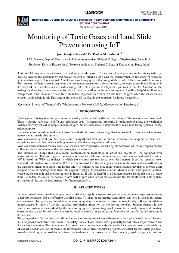 (PDF) Monitoring of Toxic Gases and Land Slide Prevention using IoT
