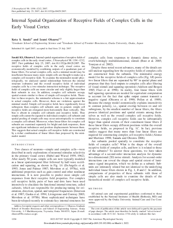 (PDF) Internal Spatial Organization of Receptive Fields of Complex Cells in the Early Visual Cortex