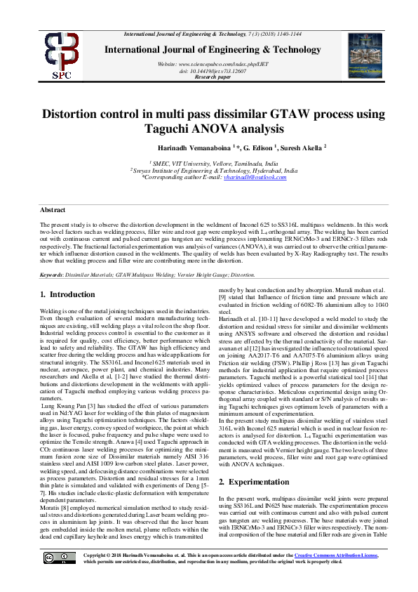 (PDF) Distortion control in multi pass dissimilar GTAW process using Taguchi ANOVA analysis