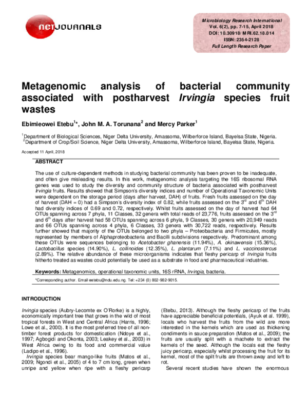 (PDF) Metagenomic analysis of bacterial community associated with postharvest Irvingia species ...