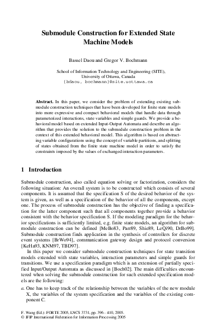 (PDF) Submodule Construction for Extended State Machine Models