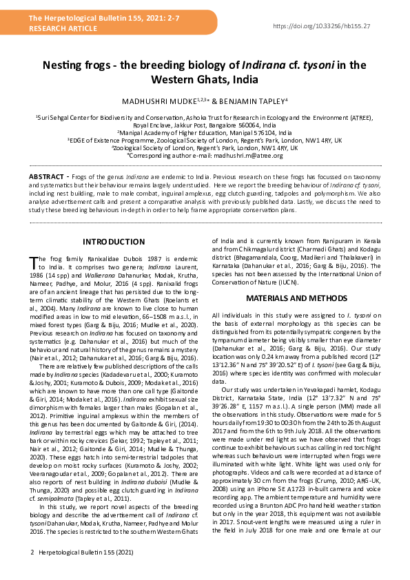 (PDF) Nesting frogs - the breeding biology of Indirana cf. tysoni in the Western Ghats, India