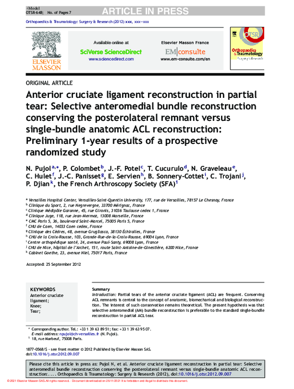 (PDF) Anterior cruciate ligament reconstruction in partial tear: Selective anteromedial bundle ...