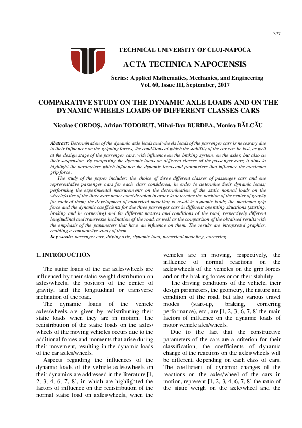 (PDF) Comparative Study on the Dynamic Axle Loads and on the Dynamic ...