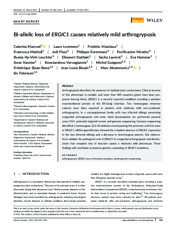 (PDF) Bi‐allelic loss of ERGIC1 causes relatively mild arthrogryposis