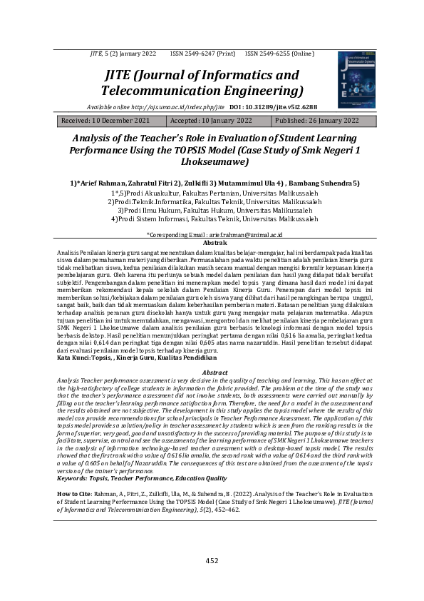 (PDF) Analysis of the Teacher's Role in Evaluation of Student Learning Performance Using the ...