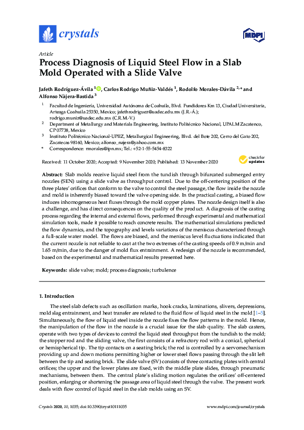 (PDF) Process Diagnosis of Liquid Steel Flow in a Slab Mold Operated ...